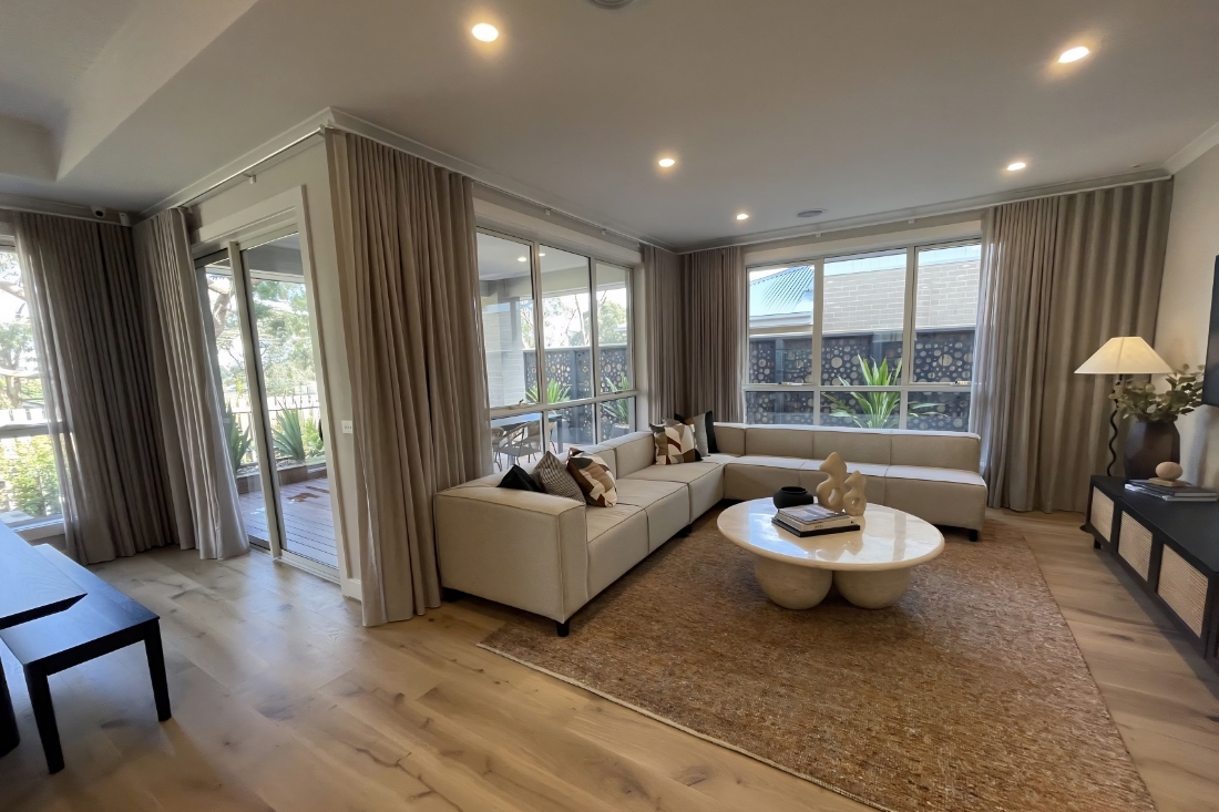 Warm Timber Flooring with Soft Yellow-Brown Curtains - Eastern Blinds ...